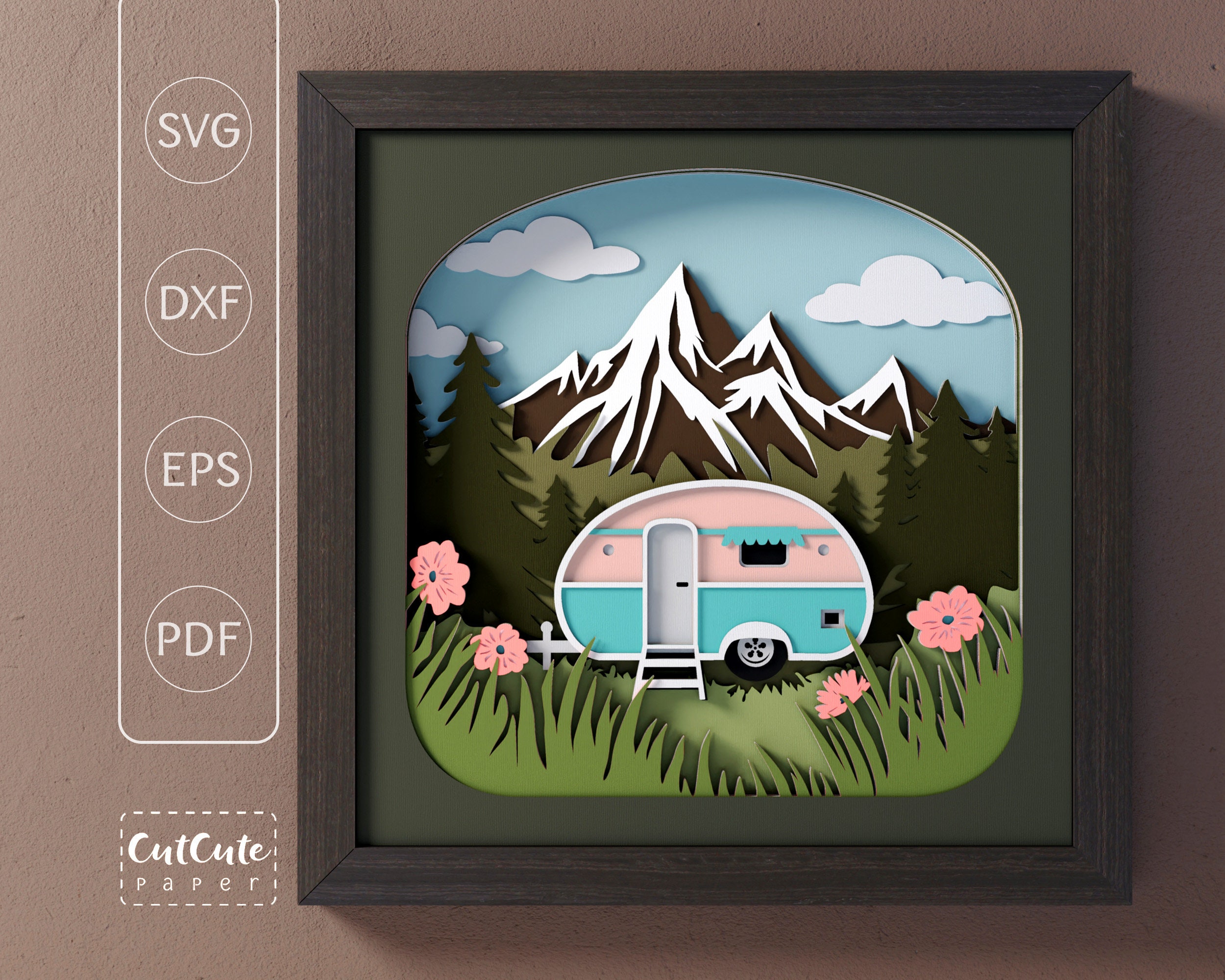 Camping Caravan Shadow Box SVG: Mountain Scene, Cabin Decor (digital ...