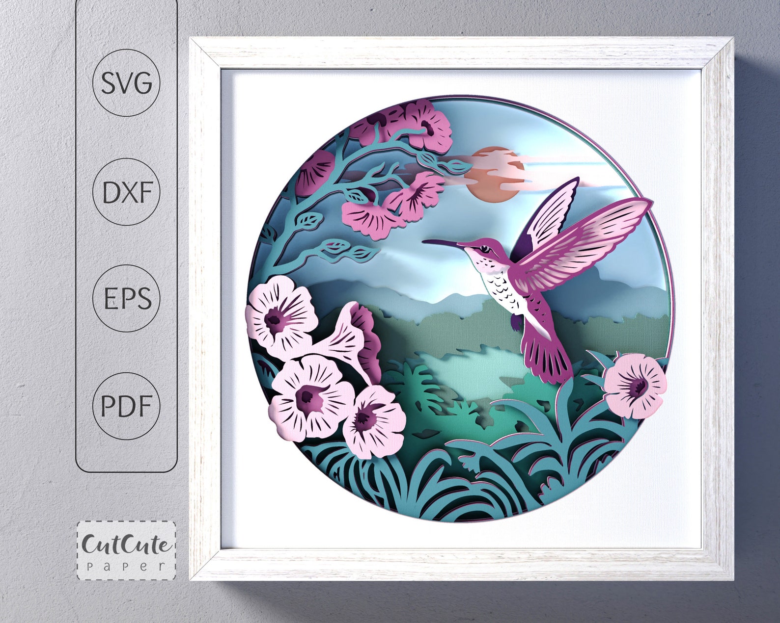 Hummingbird SVG Shadow Box Template, Flowers Bird and Sun 3D SVG ...