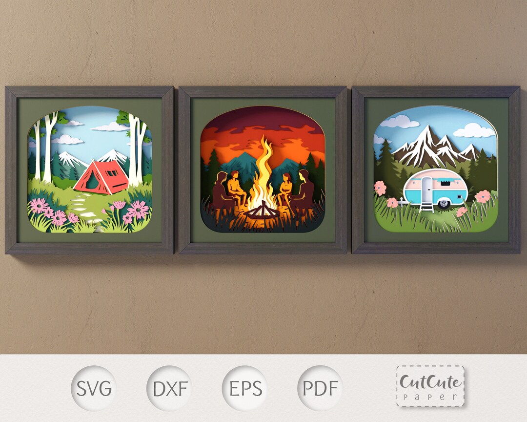 Camping Shadow Box Bundle, 3D SVG Shadow Box 3 Templates, DIY Cabin ...