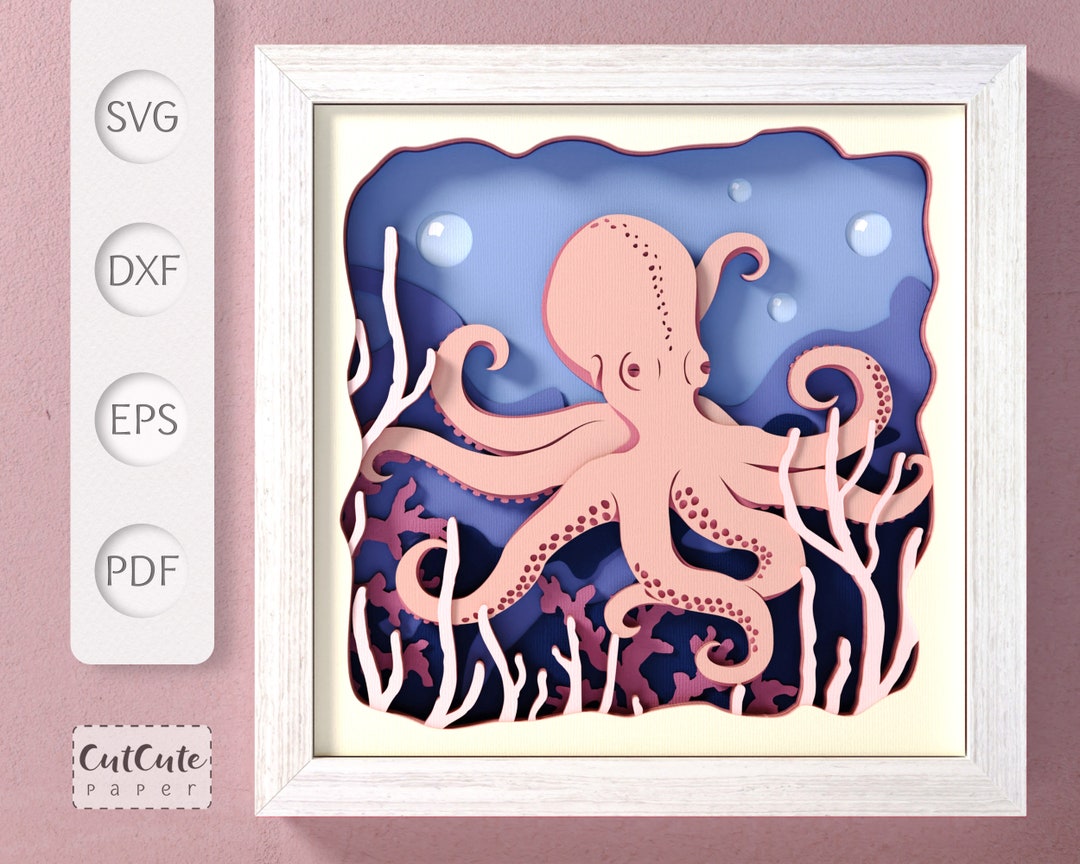 Octopus Shadow Box SVG Template, 3D SVG Sea Life Shadowbox, DIY Beach ...