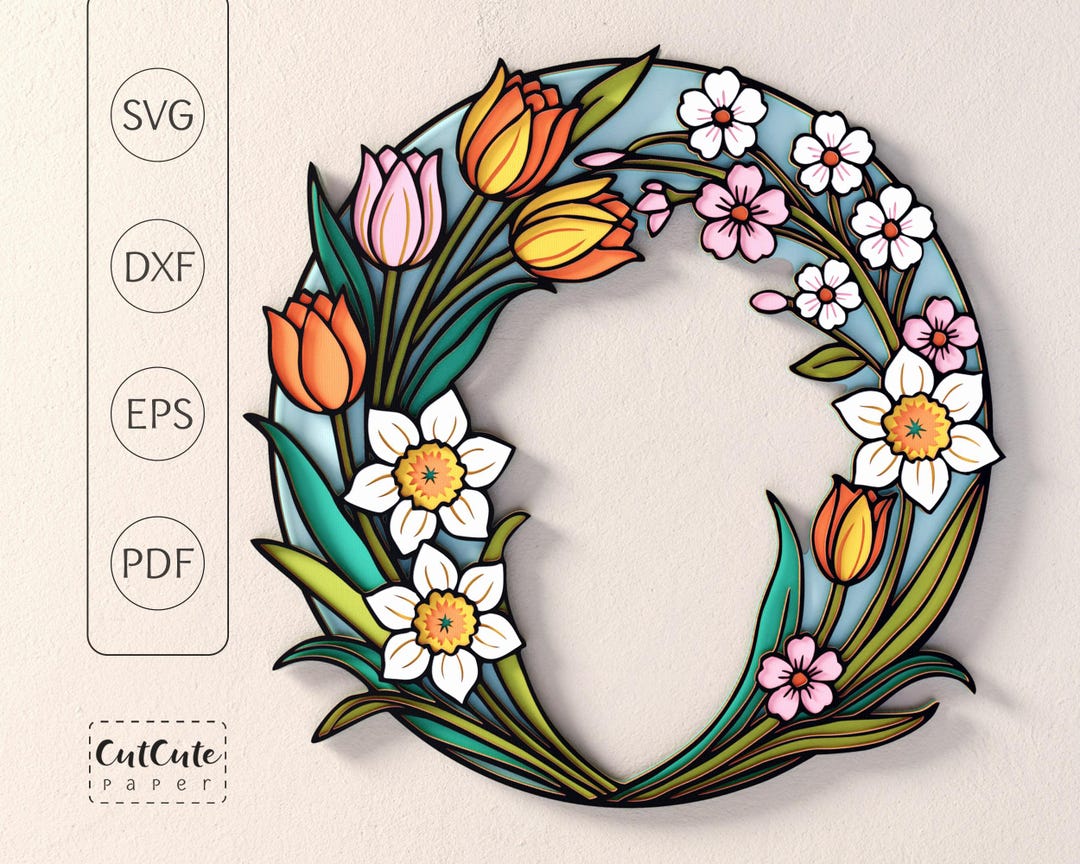 Layered Spring Flowers Wreath SVG, Floral Paper Cut Wreath Template ...
