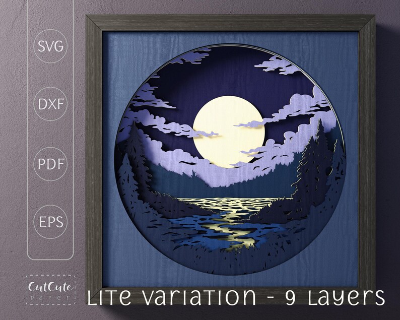 Full Moon Lake Shadow Box SVG: 3D Paper Cut Template (digital Download ...