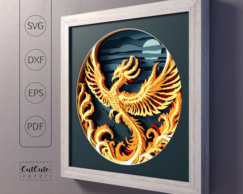 Phoenix Shadow Box Template: Fire Bird & Moon, Layered Paper Cut (SVG ...