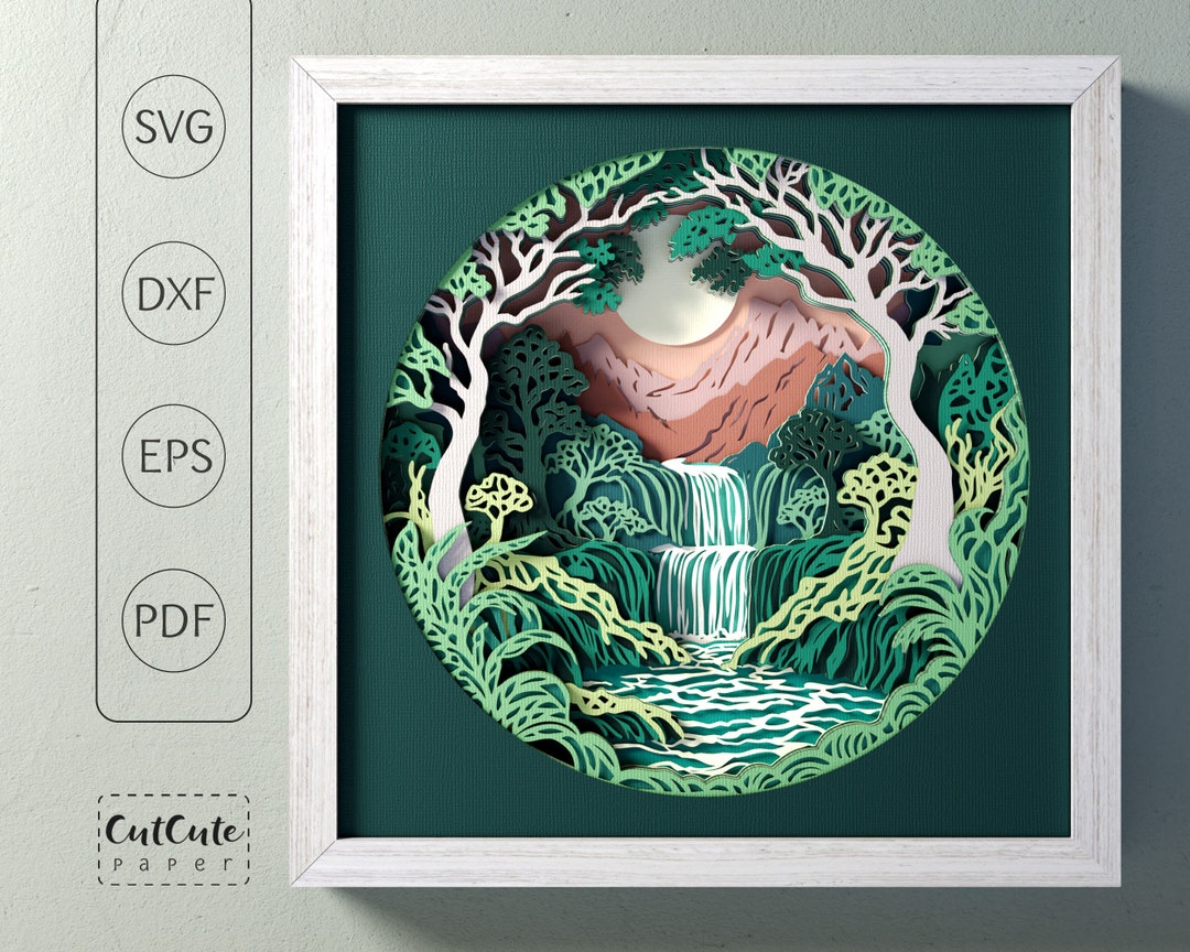 Waterfall Shadow Box SVG Template: 3D Forest Landscape Wall Decor ...