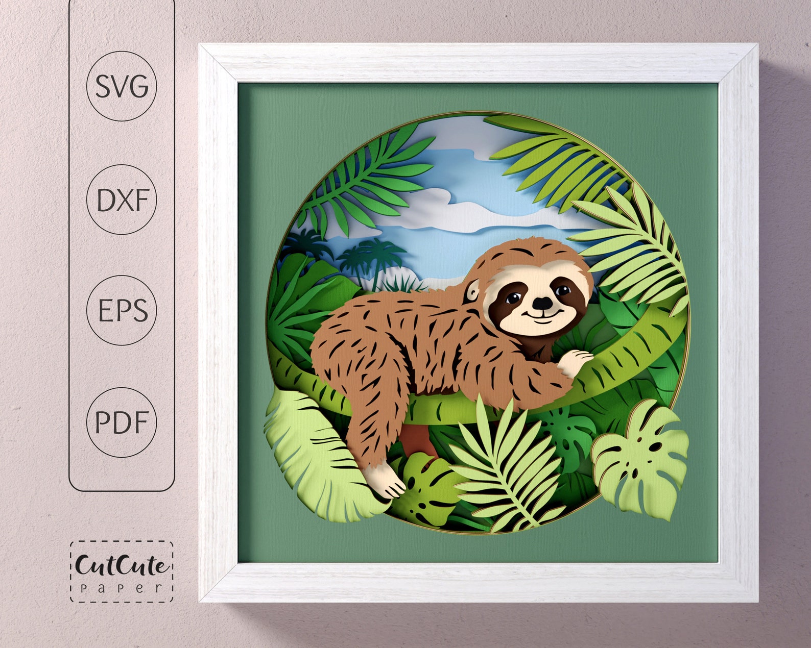 Sloth Shadow Box SVG Template: Layered Paper Cut Nursery Art (digital ...