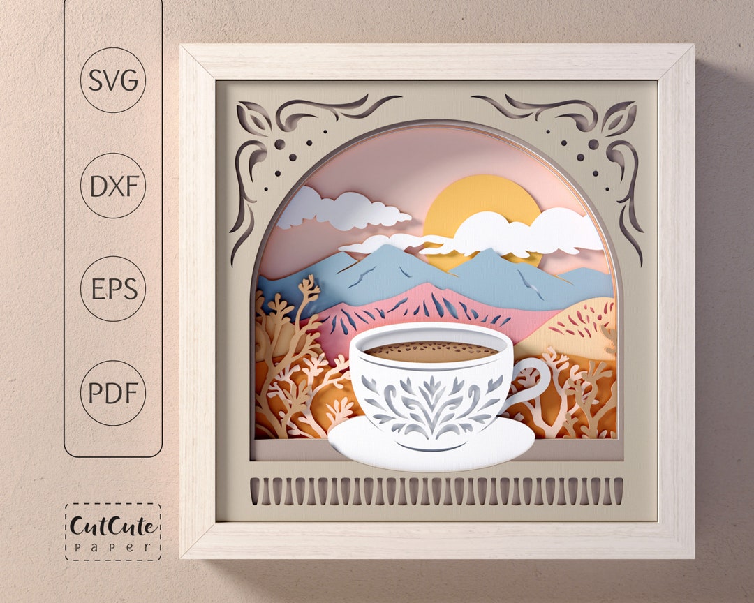 Morning Coffee SVG Shadow Box Template, Sunrise 3D SVG Cardstock ...