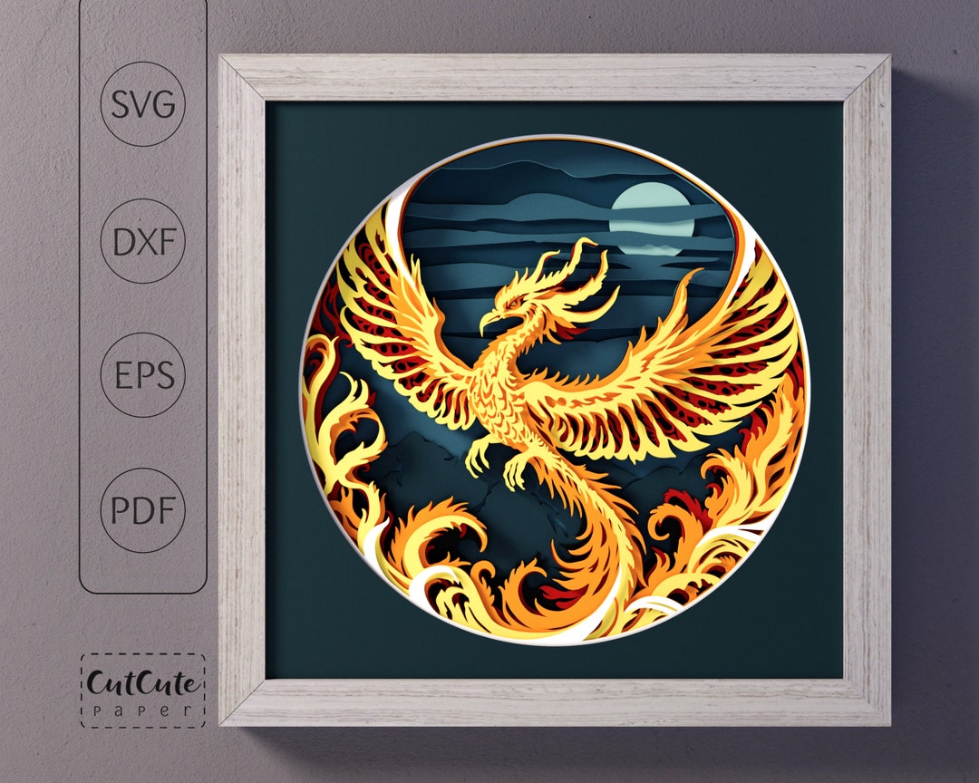 Phoenix Shadow Box Template: Fire Bird & Moon, Layered Paper Cut (SVG ...