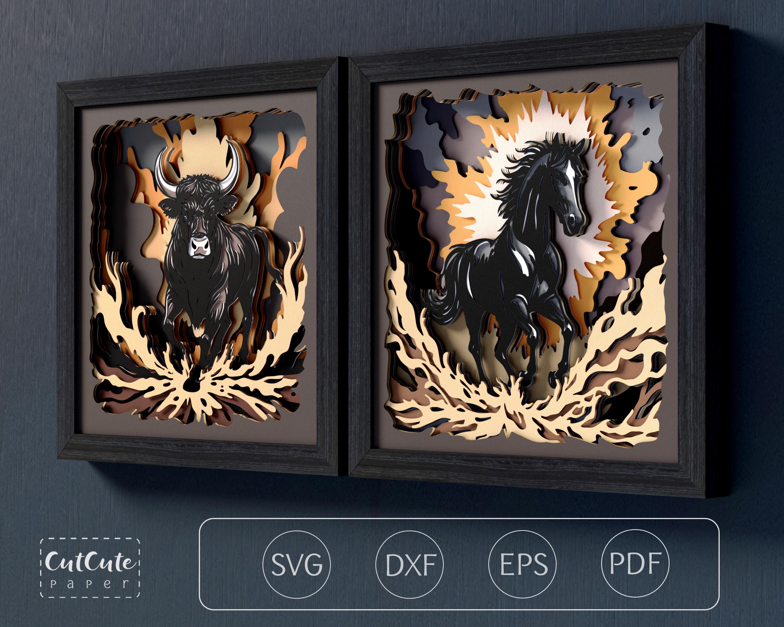 Rodeo Animals Shadow Box SVG, Bull and Horse Layered Wall Art, 2 ...