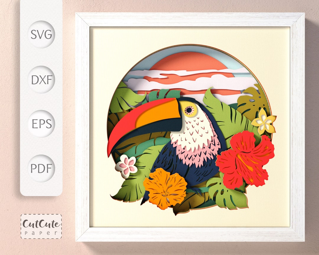 Toucan SVG Shadow Box Template: Tropical Bird & Flowers (digital ...