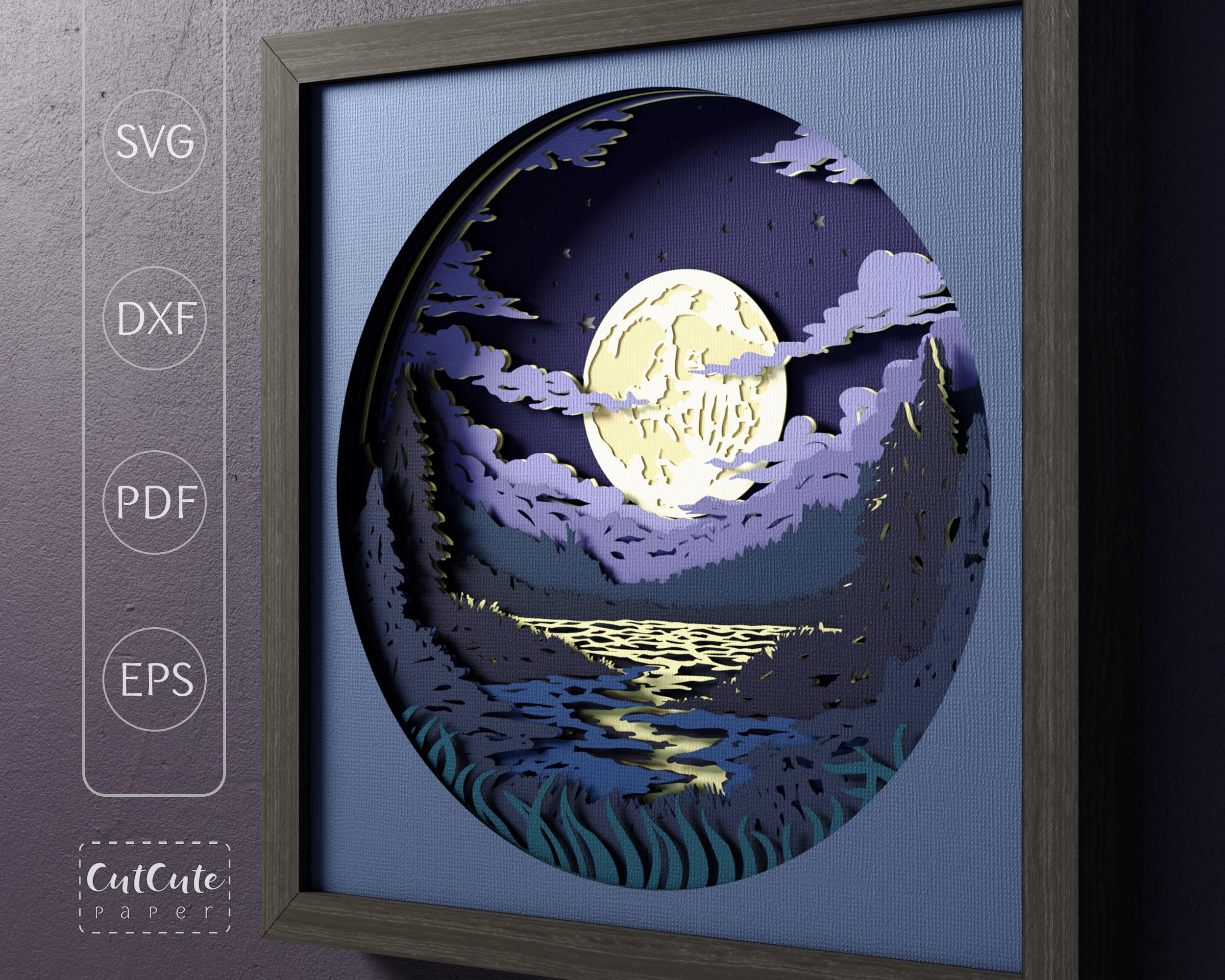 Full Moon Lake Shadow Box SVG: 3D Paper Cut Template (digital Download ...
