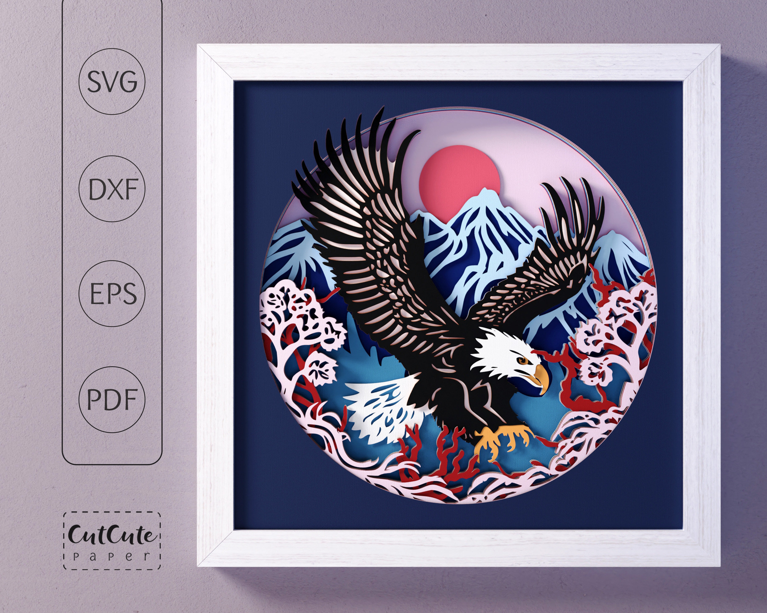 Bald Eagle Shadow Box SVG: Sunset Landscape, Layered Papercut (digital ...