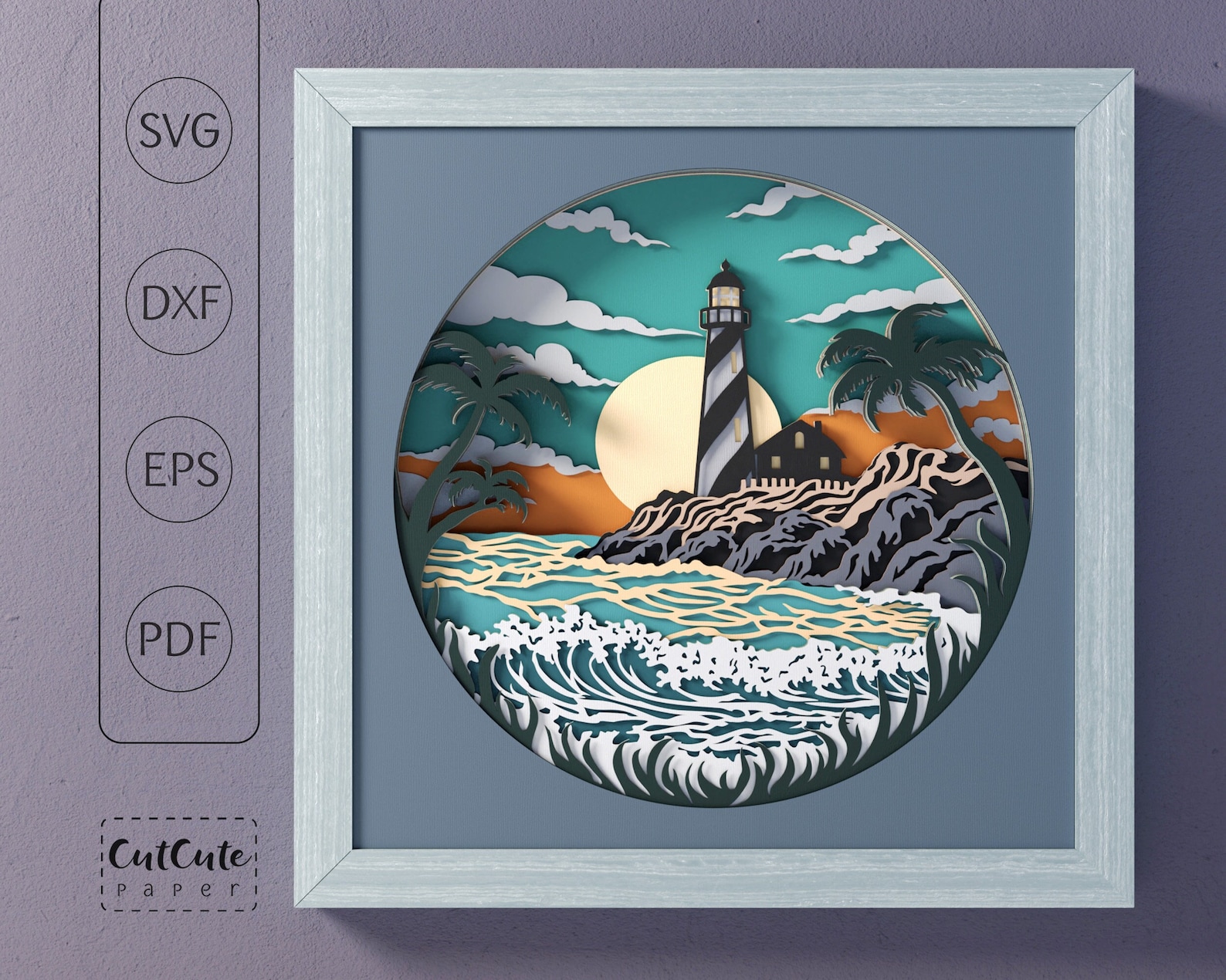 Lighthouse Shadow Box Svg 3d Nautical Sunset Scene Digital Files Etsy