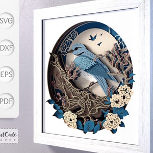 Bird Shadow Box SVG Template: Flowers, Moon, 3D Paper Cut (digital ...