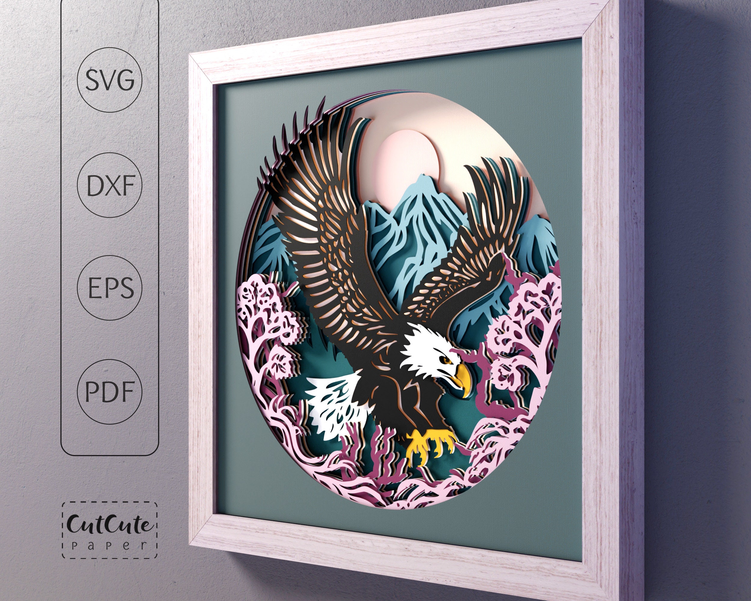 Bald Eagle Shadow Box SVG: Sunset Landscape, Layered Papercut (digital ...