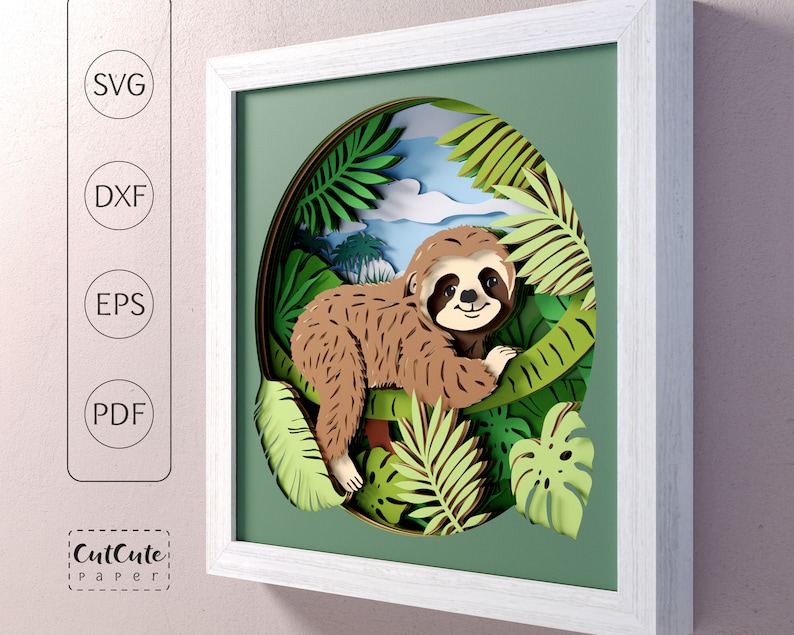 Sloth Shadow Box SVG Template: Layered Paper Cut Nursery Art (digital ...