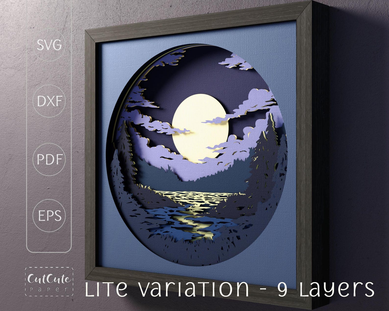 Full Moon Lake Shadow Box SVG: 3D Paper Cut Template (digital Download ...