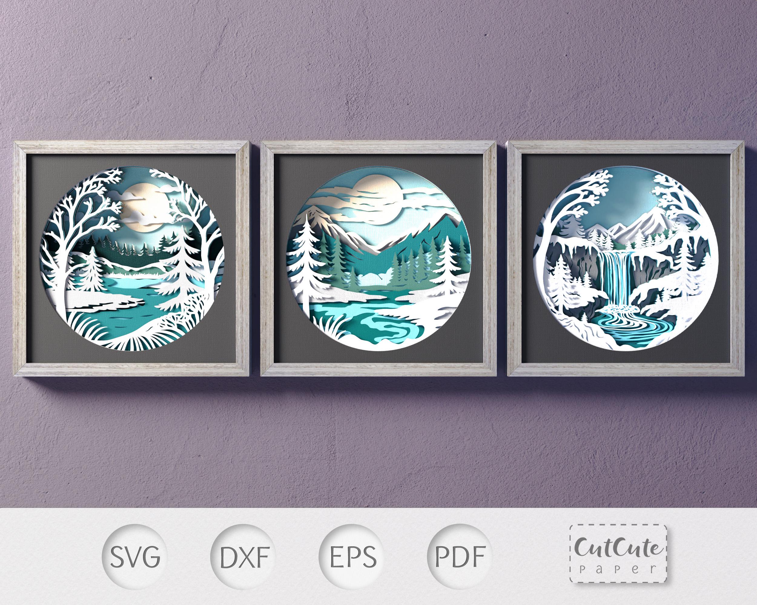 Winter Landscape Shadow Box SVG Bundle: Snowy Trees, Waterfall (3 ...