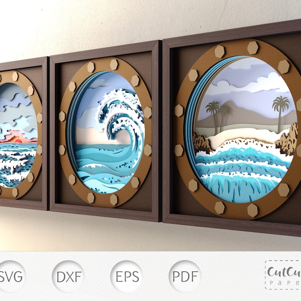 3D SEA WAVE SVG, Beach Shadow Box, Ocean Shadow Box, Beach Svg, Wave ...