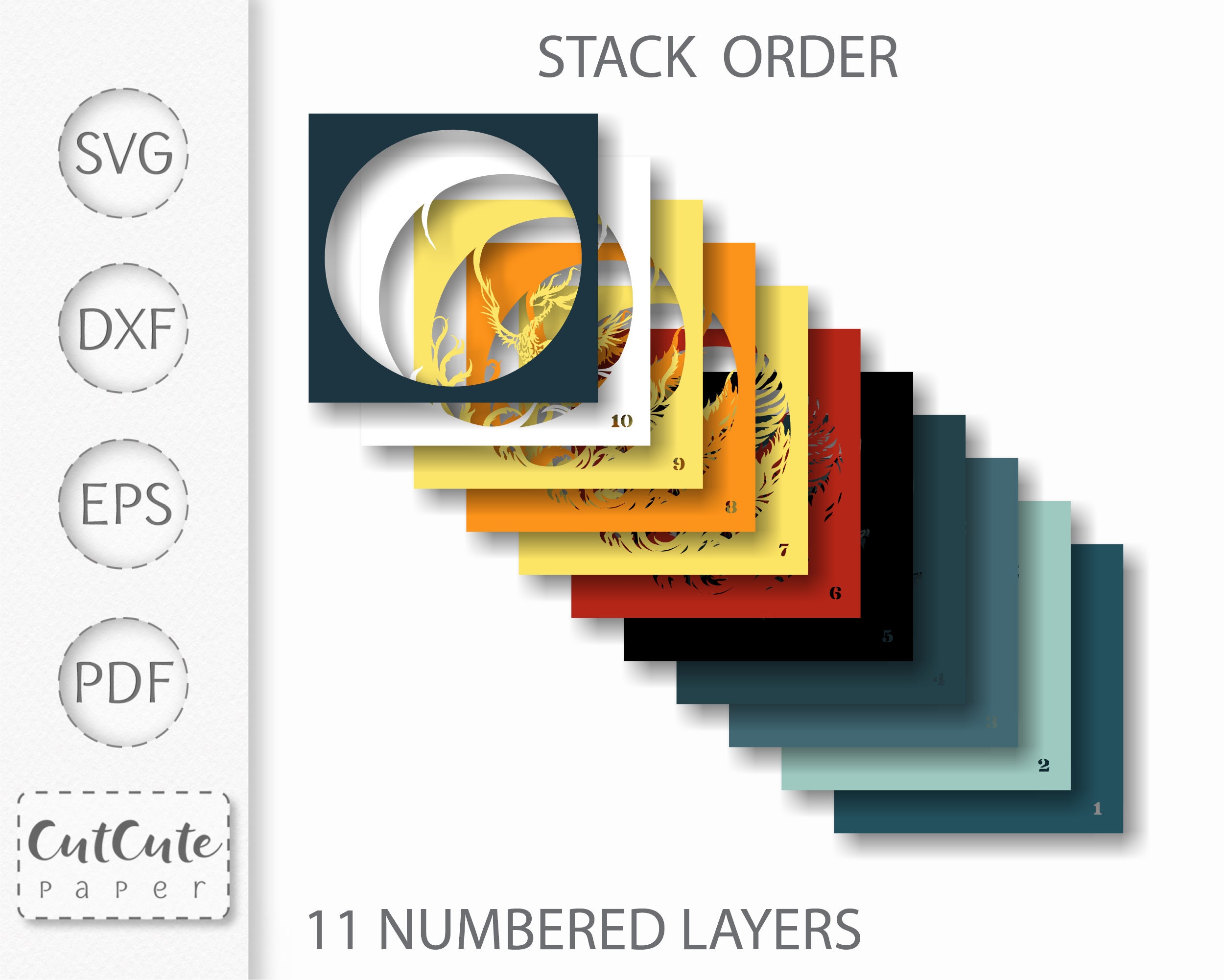 Phoenix Shadow Box Template: Fire Bird & Moon, Layered Paper Cut (SVG ...