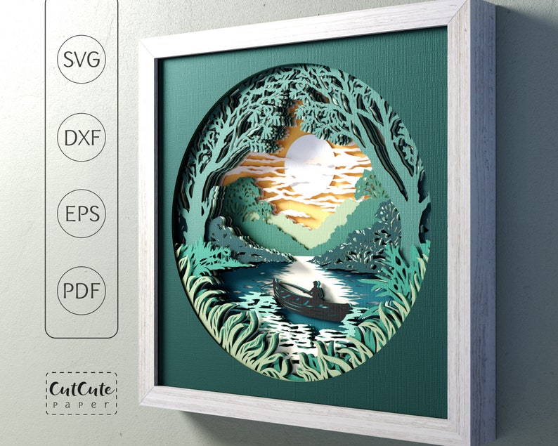 Lake Boat Shadow Box SVG: 3D Landscape Paper Cut Template - Etsy