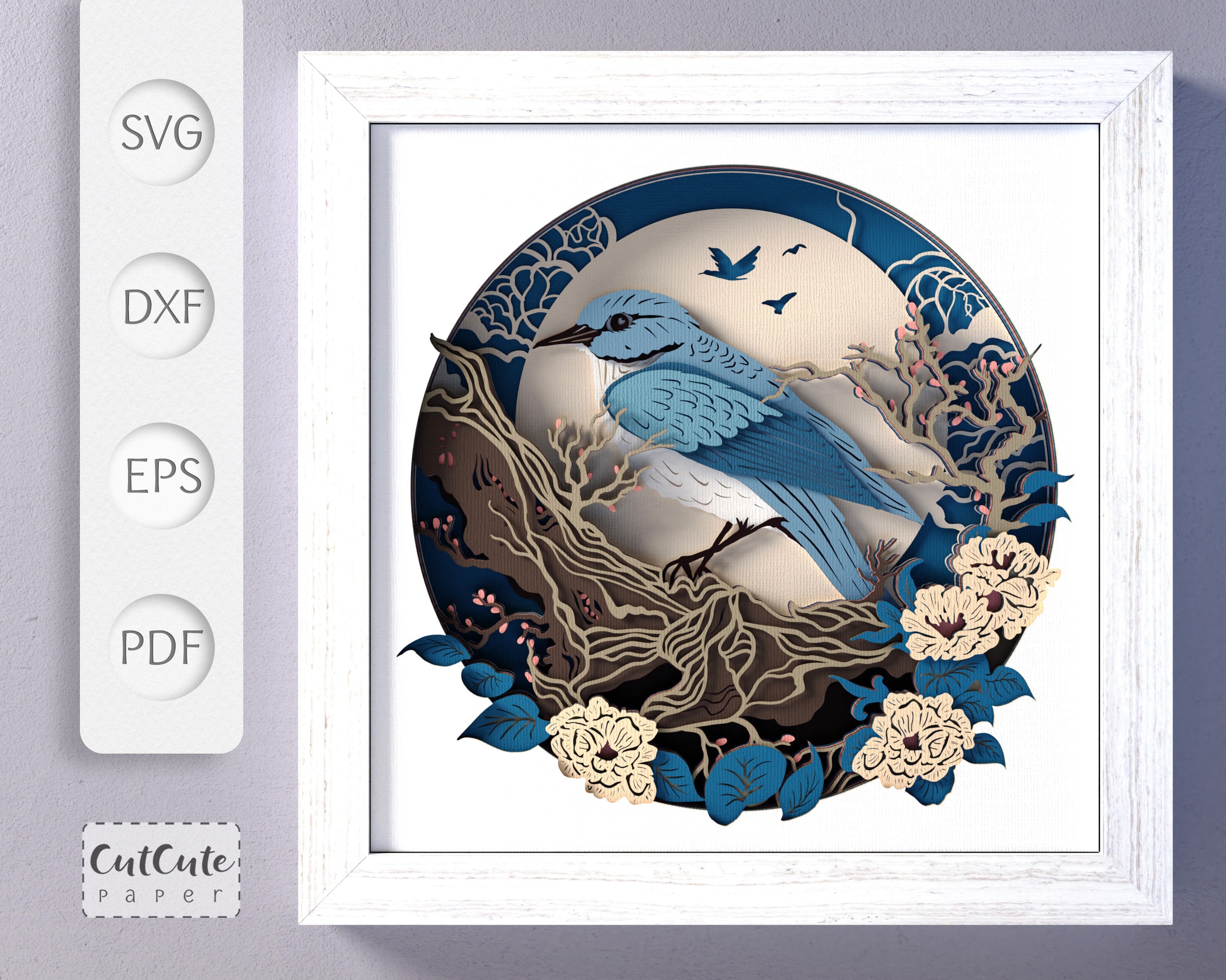 Bird SVG Shadow Box Template Flowers Birds and Moon 3D SVG - Etsy UK