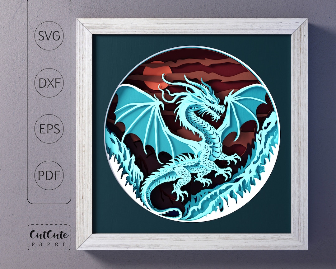 Dragon SVG Shadow Box Template: Ice & Sun 3D Paper Cut (digital ...