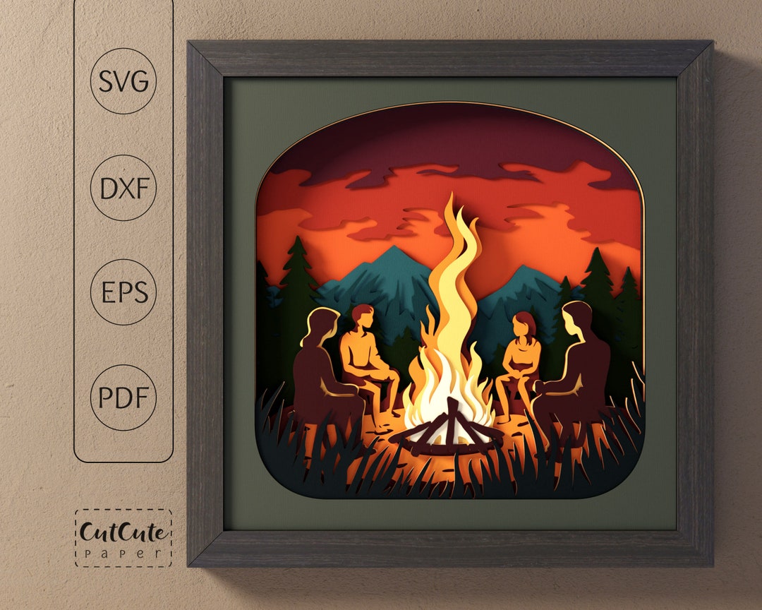 Campfire Shadow Box SVG: Mountain Scene, 3D Layered Papercut (digital ...
