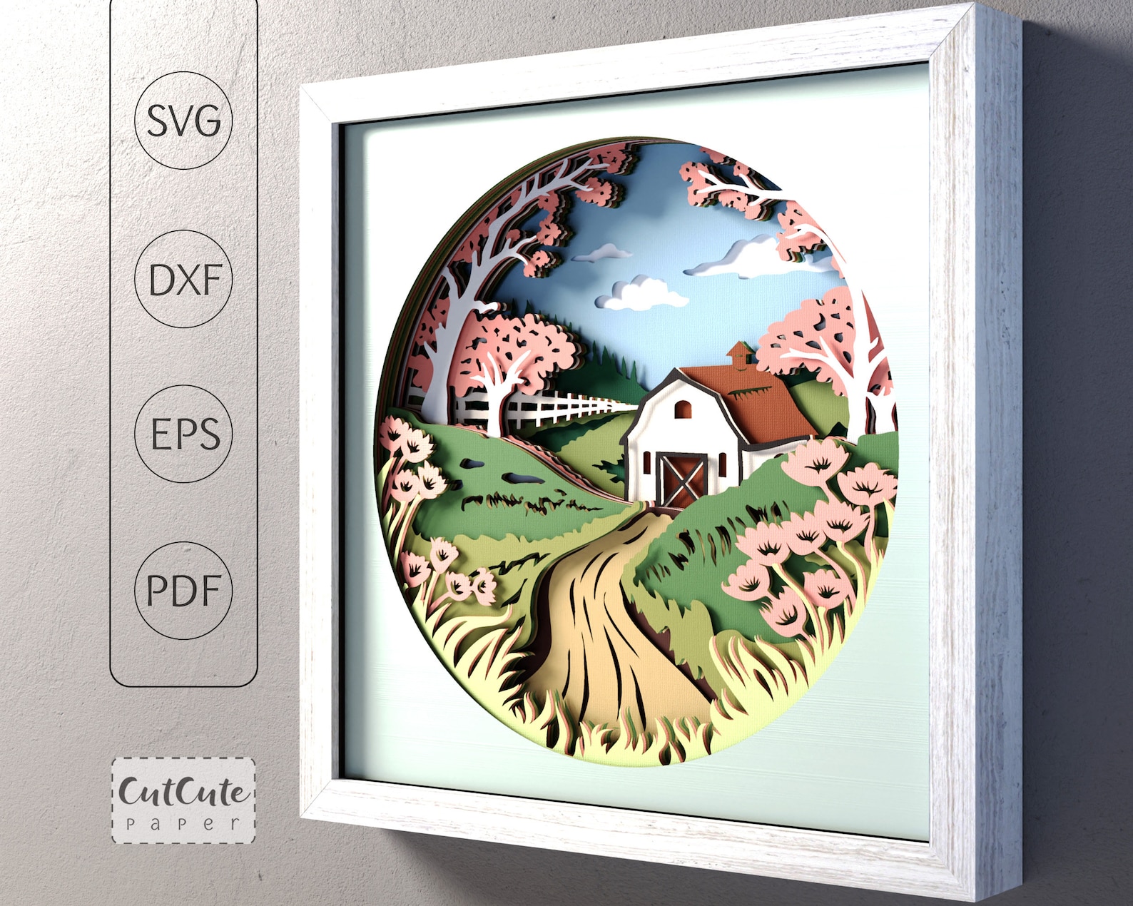 Spring Barn Landscape Shadow Box SVG Template: 3D Farmhouse Decor ...