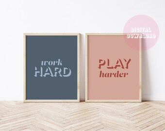 Work Hard Play Hard Printable Quote Wall Art Set of 2 - Etsy