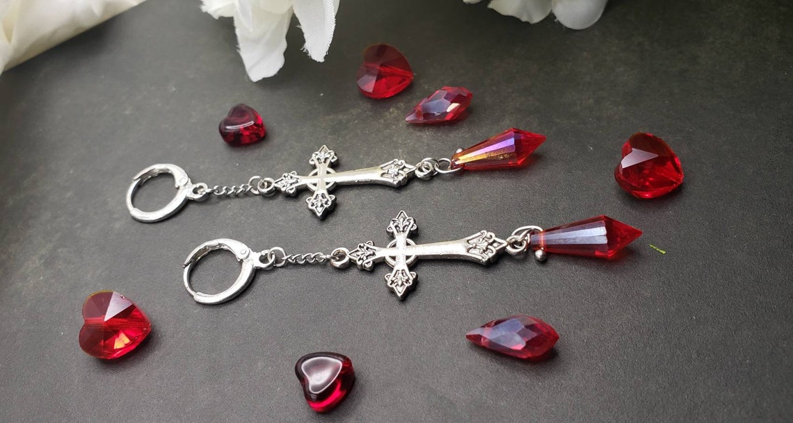 Red Gothic Cross Drop Earrings - Etsy