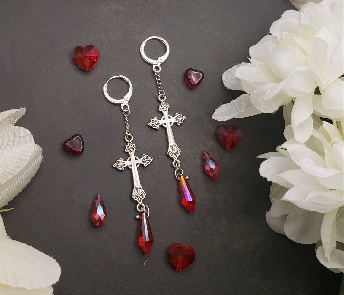 Red Gothic Cross Drop Earrings - Etsy