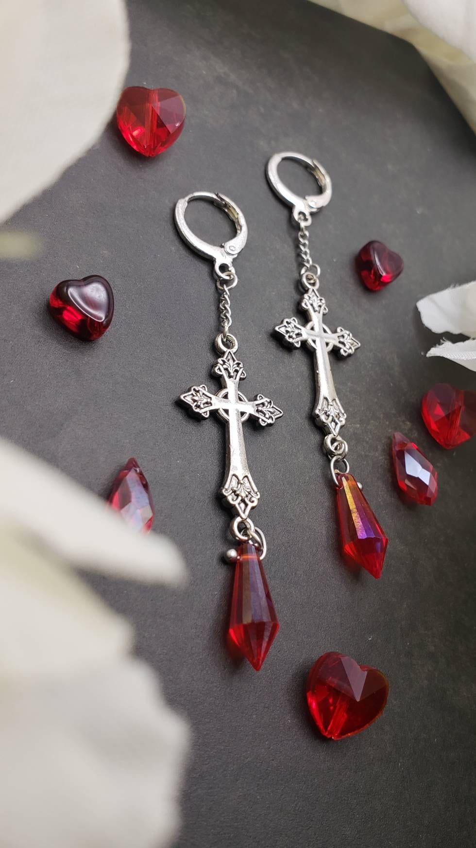 Red Gothic Cross Drop Earrings - Etsy