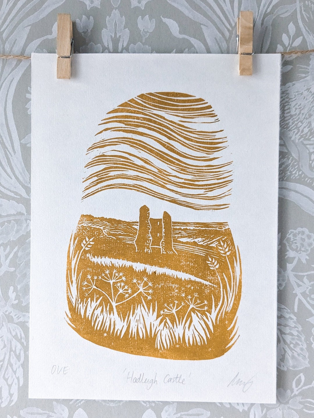 Linocut Print of Hadleigh Castle, Handmade British Countryside ...