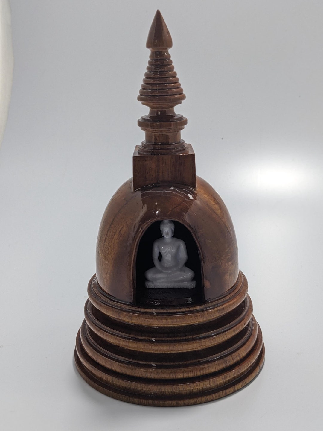 Handcrafted Wooden Stupa With Intricate Buddha Carving - Elegant ...