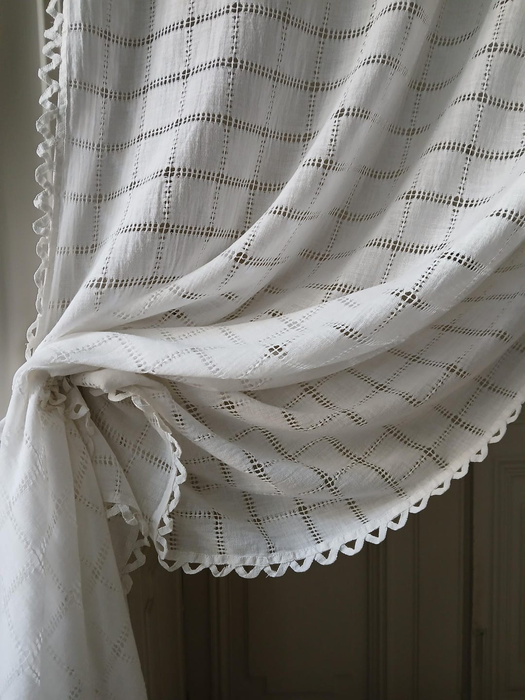 A Large Antique French Hand Embroidered White Cotton Muslin Curtain ...