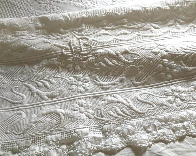 A Large Vintage French Marcella White Cotton Pique Bedspread With Hand ...