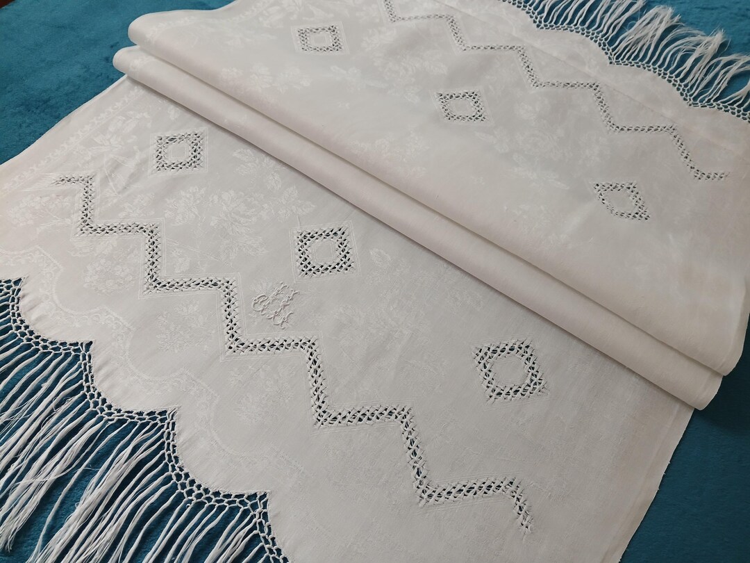 A Large Antique French White Pure Linen Damask Table Runner / Altar ...