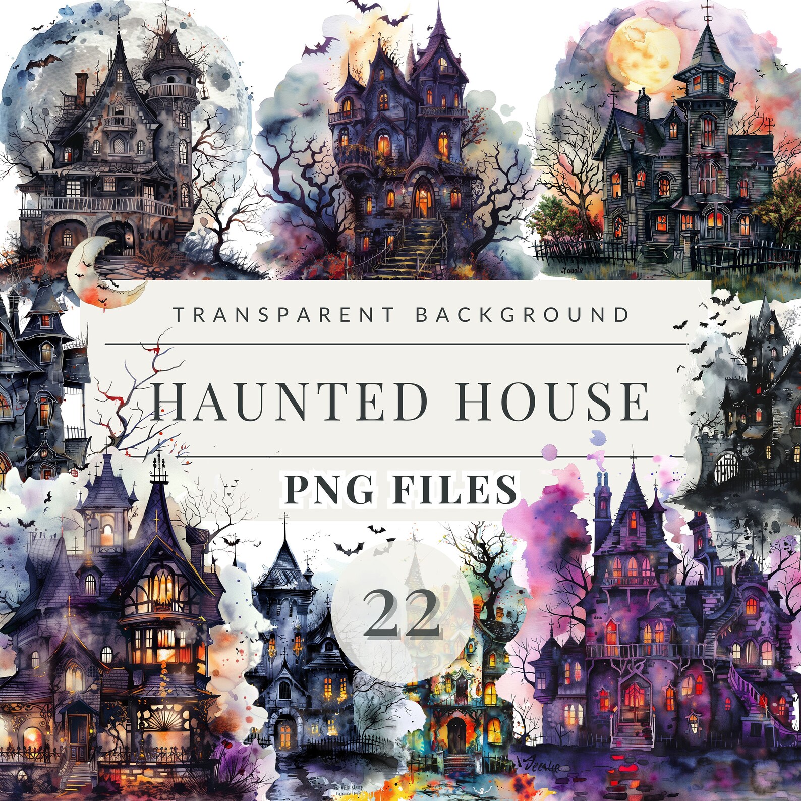 Halloween Houses Watercolor Clipart Bundle, Haunted House Clipart ...