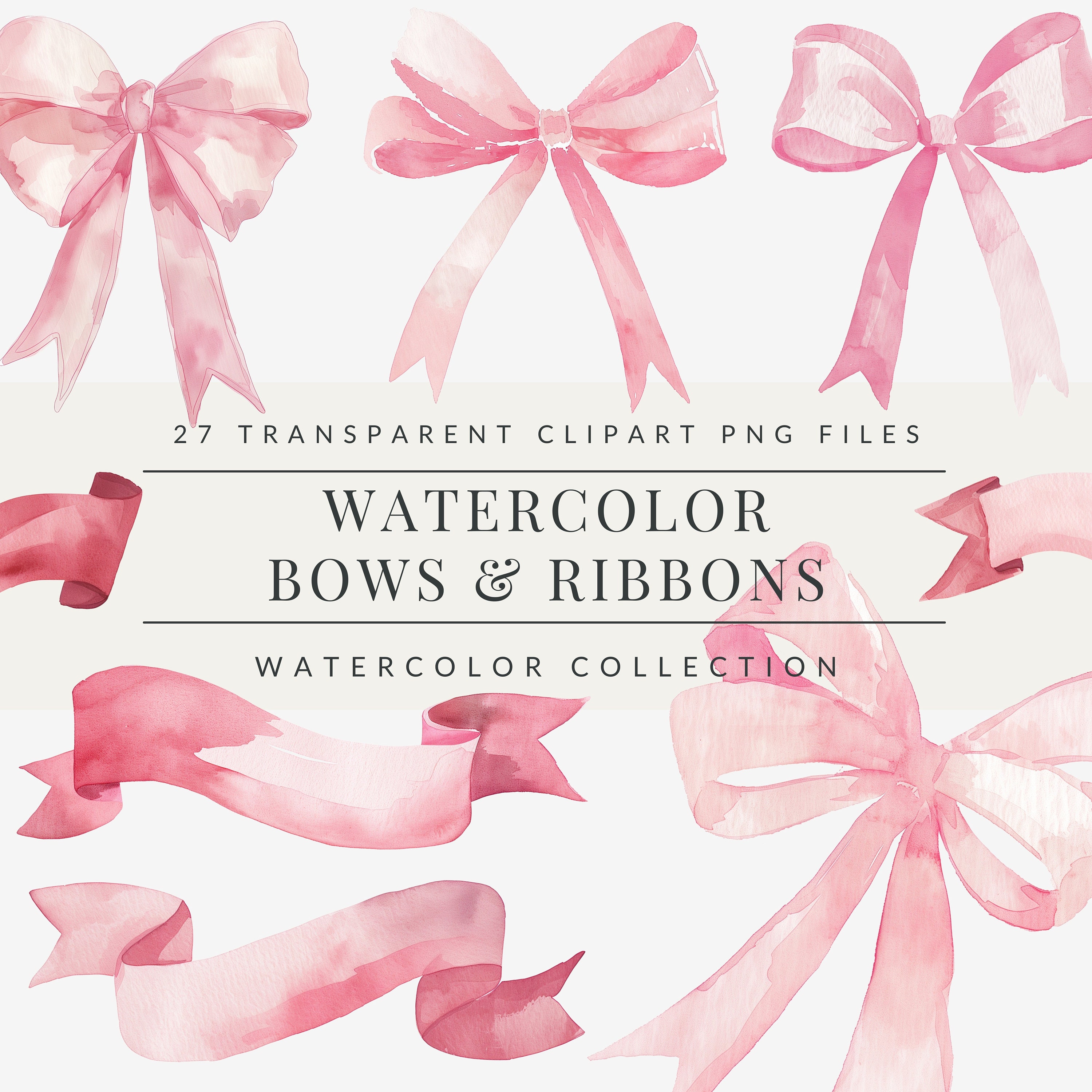 Watercolor Bow and Ribbon Pink Bridal Clipart Birthday Clipart ...