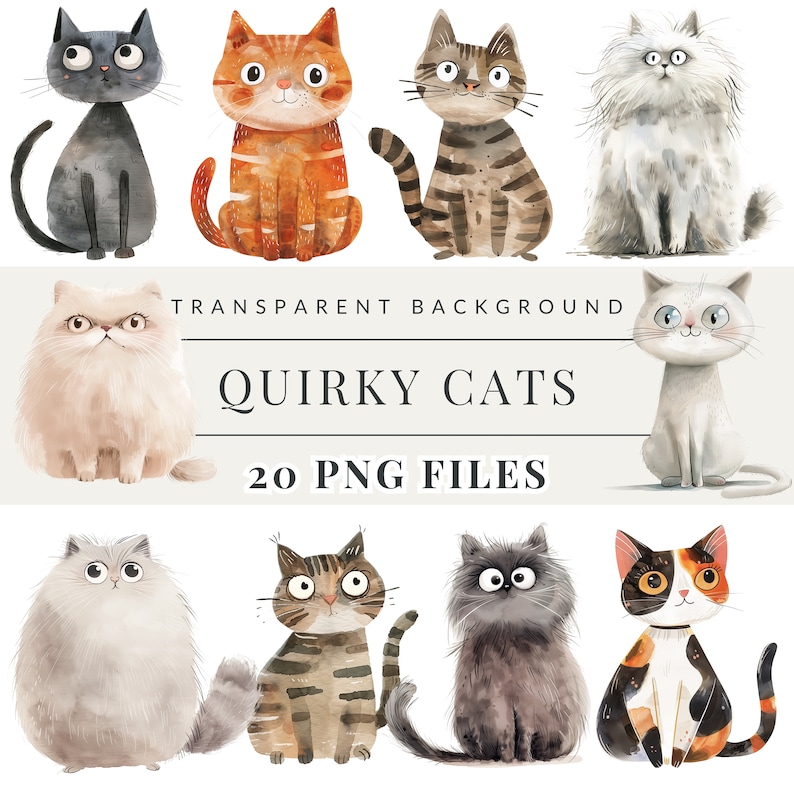 Cat Clipart Bundle, Quirky Cat Kitten Clipart, Watercolor Cats, Cute ...