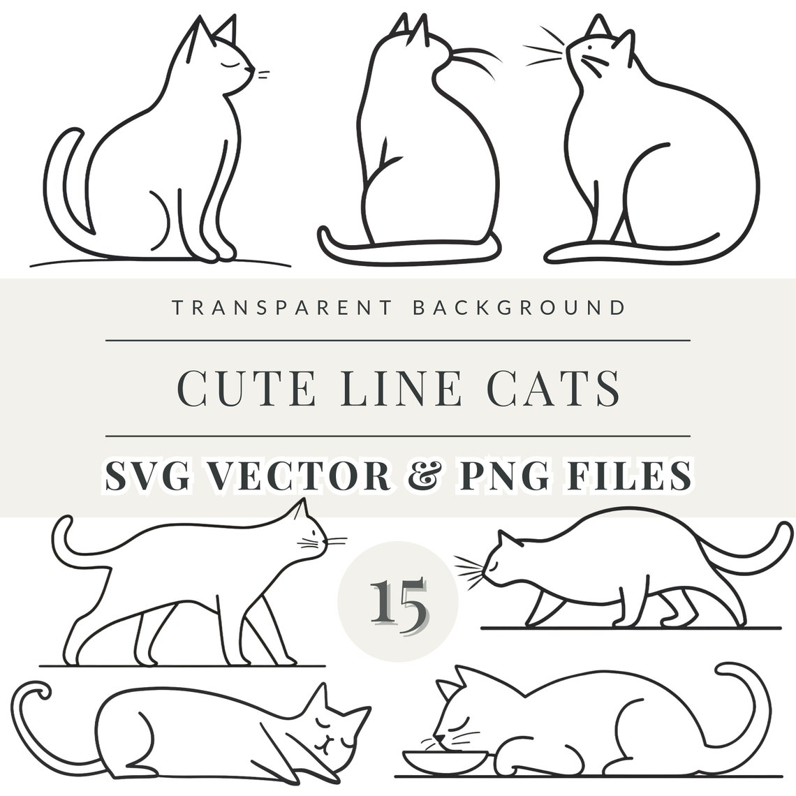 Cats Line Art SVG Bundle Cut Files, Minimalist Cat Clip Art, Black and ...