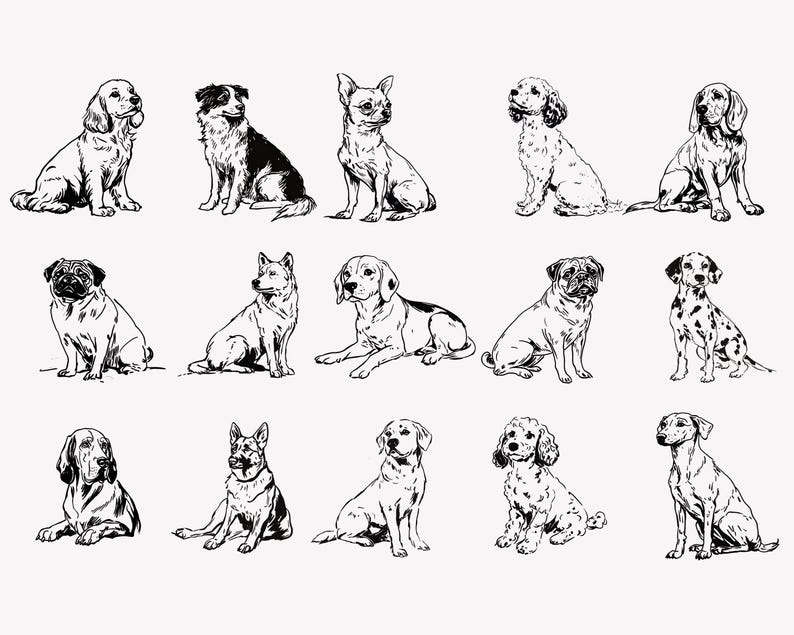 Dog Clipart Bundle, Sketched Puppy Clipart, Watercolor Dogs, Cute Dog ...