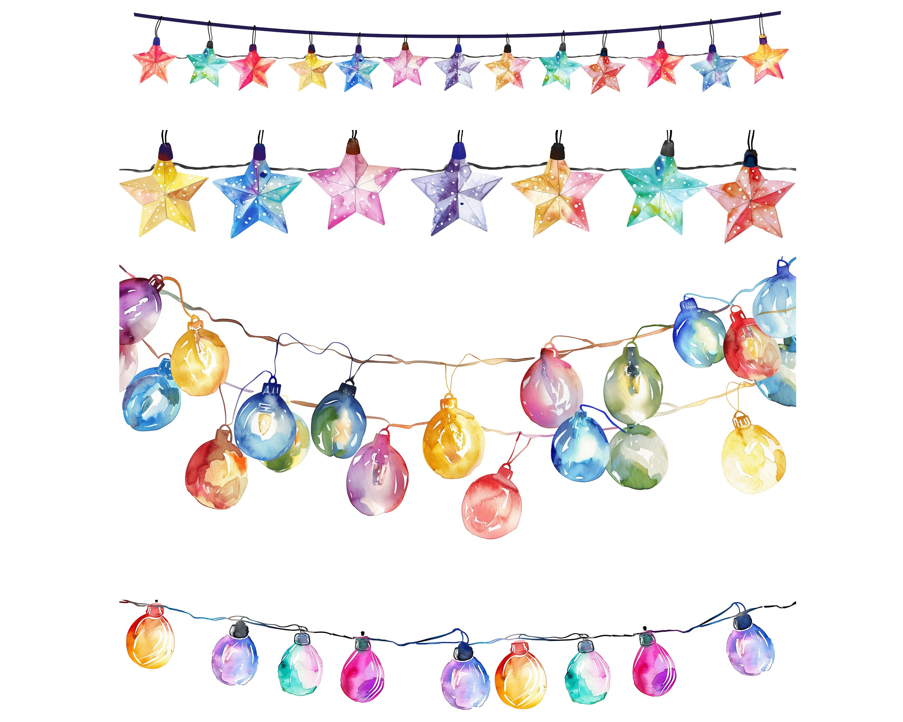 Watercolor Christmas Lights Clipart, String Lights Clipart, Xmas Lights ...