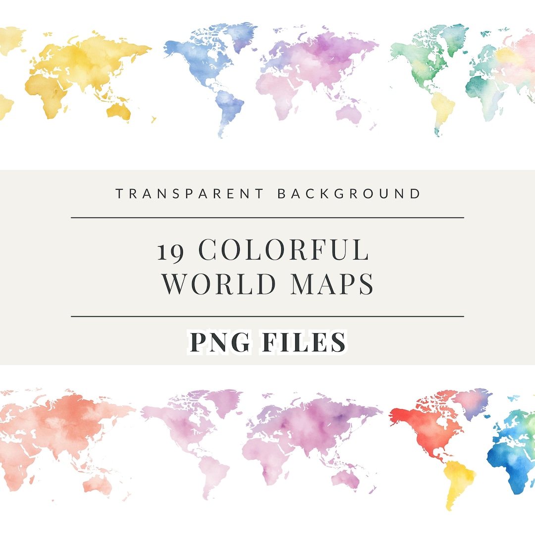 Watercolor World Map Clipart, Rainbow World Map Silhouette, Wedding ...
