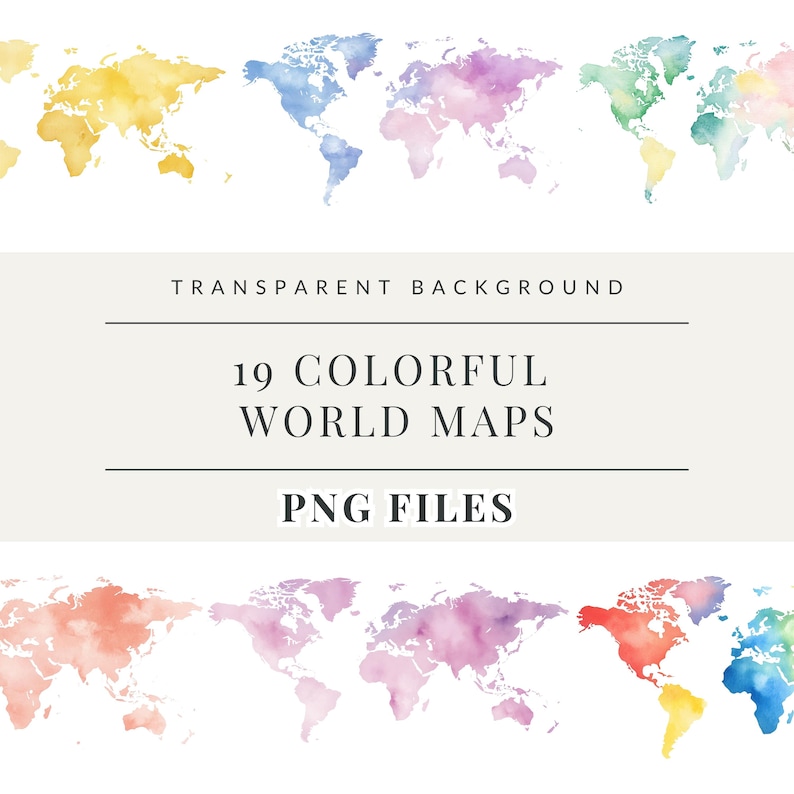 Watercolor World Map Clipart, Rainbow World Map Silhouette, Wedding ...