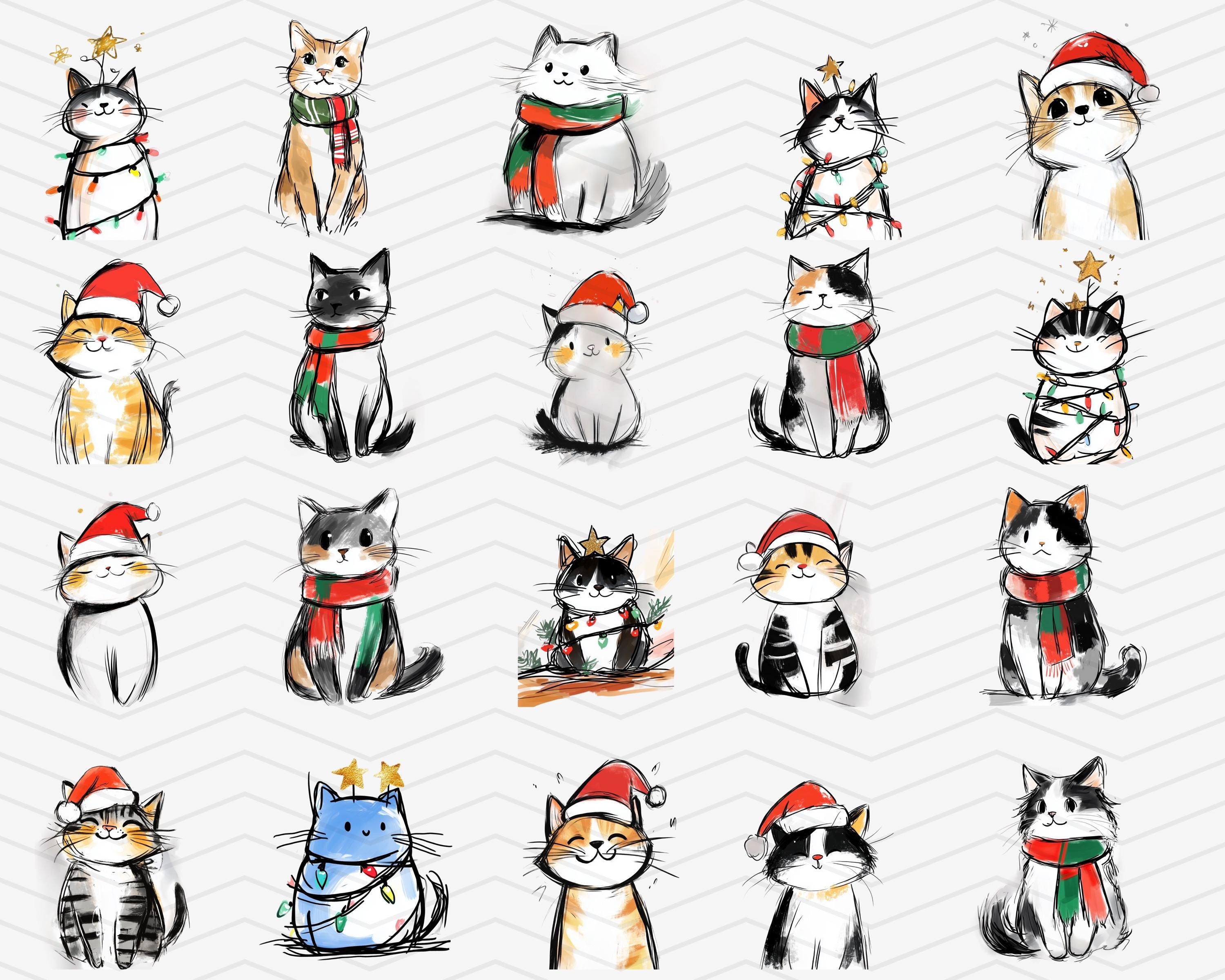 Cat Clipart Bundle, Christmas Cat Kitten Clipart, Cat Sketches, Cute ...