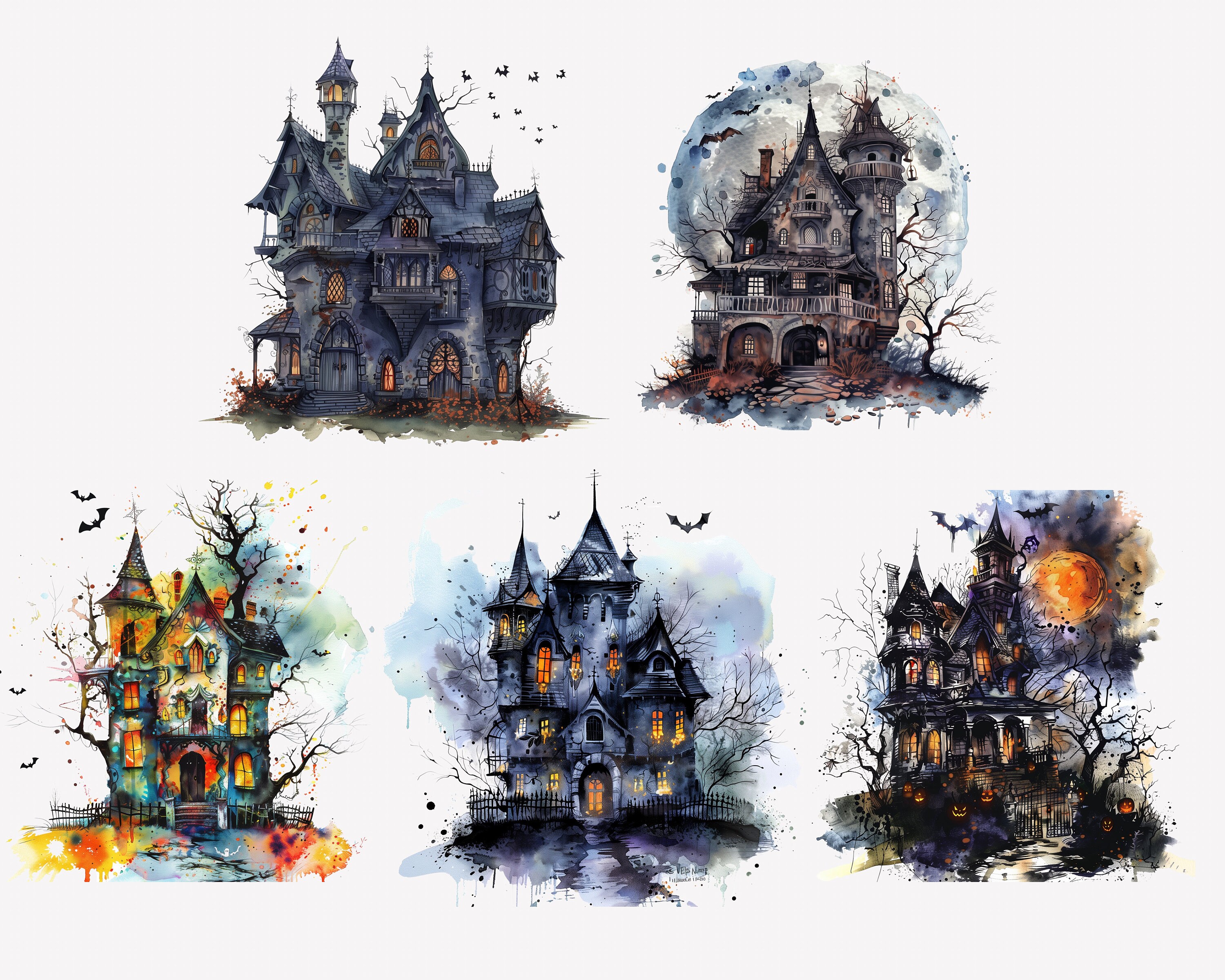 Halloween Houses Watercolor Clipart Bundle, Haunted House Clipart ...