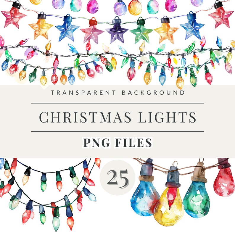 Watercolor Christmas Lights Clipart, String Lights Clipart, Xmas Lights ...