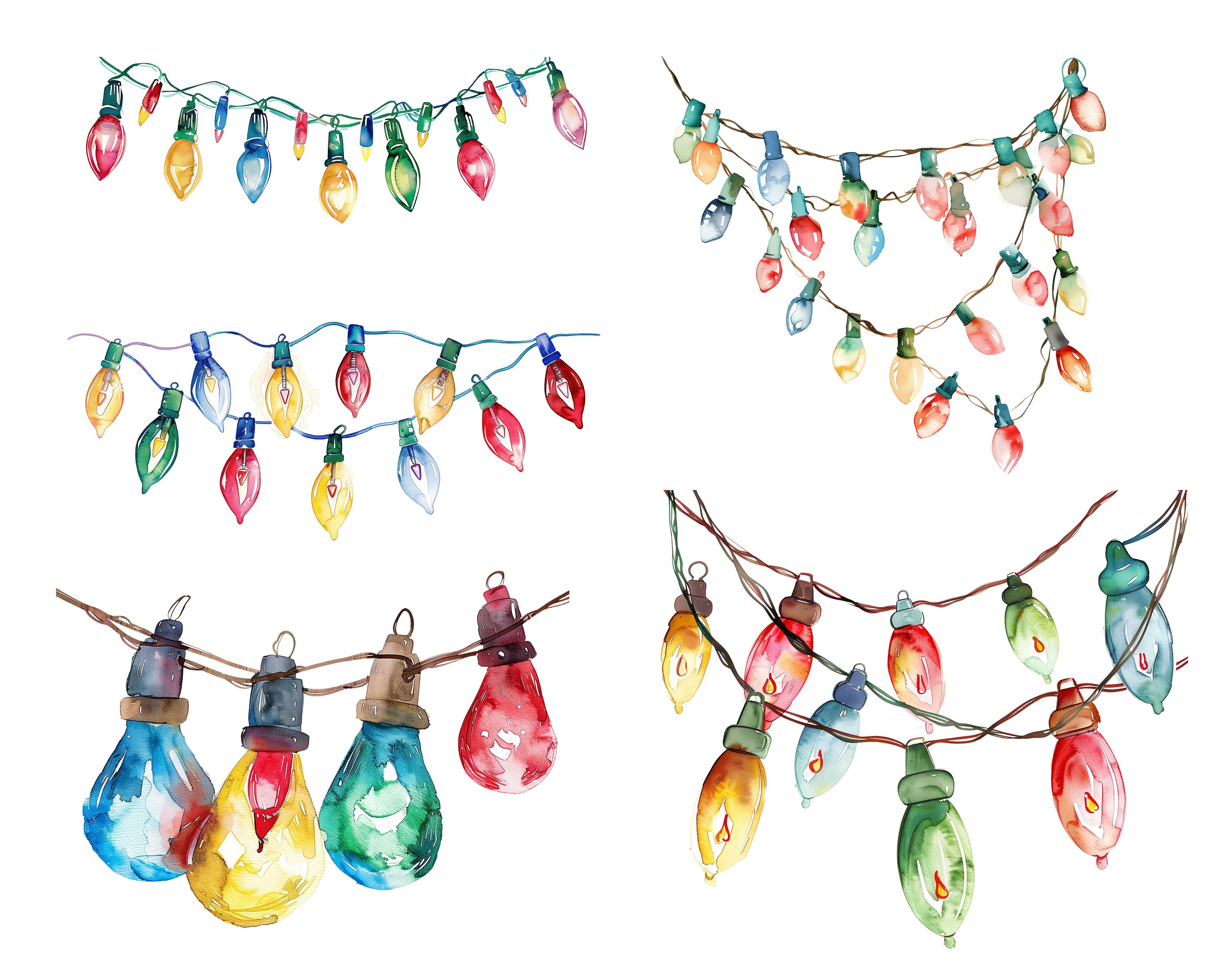 Watercolor Christmas Lights Clipart, String Lights Clipart, Xmas Lights ...