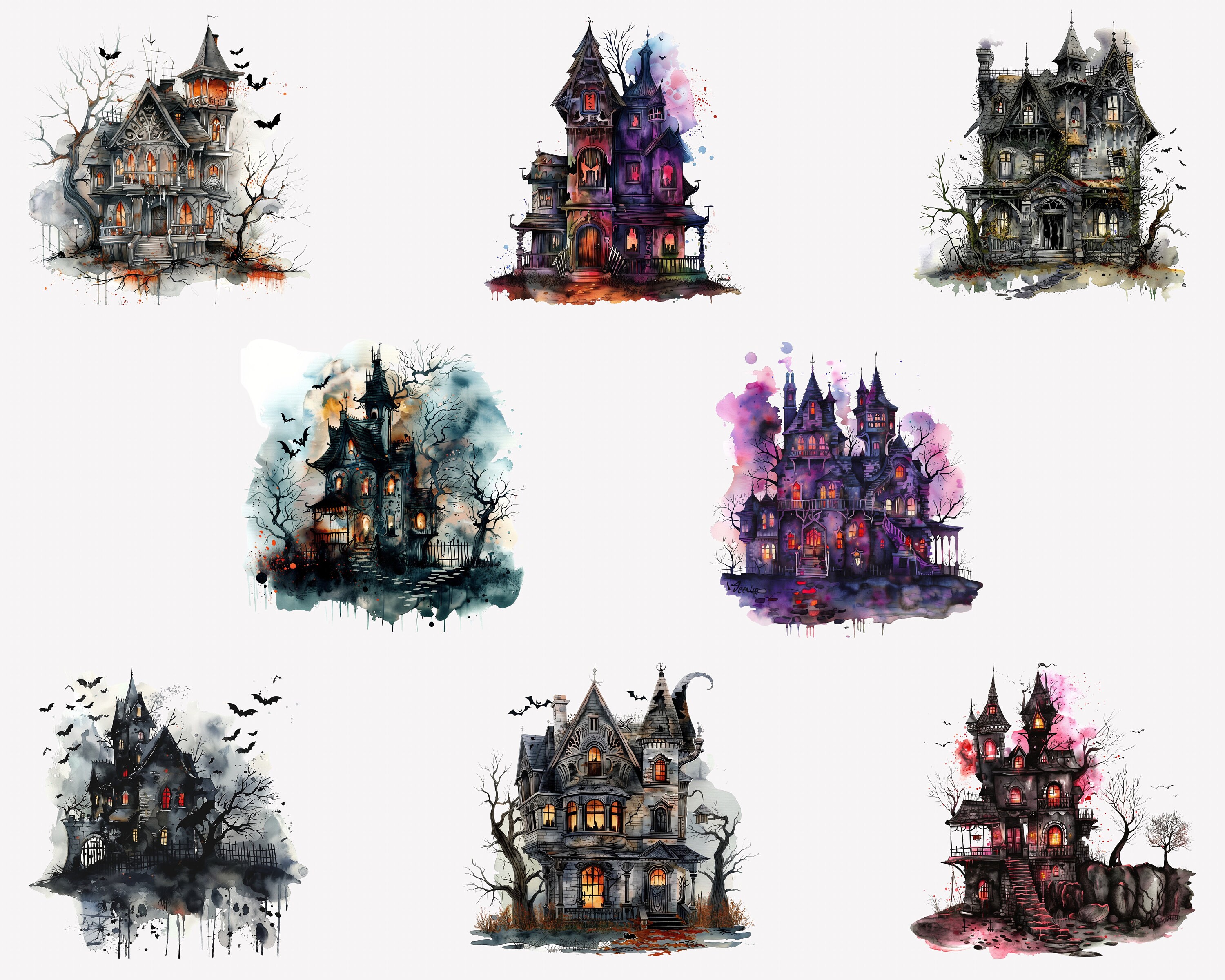 Halloween Houses Watercolor Clipart Bundle, Haunted House Clipart ...